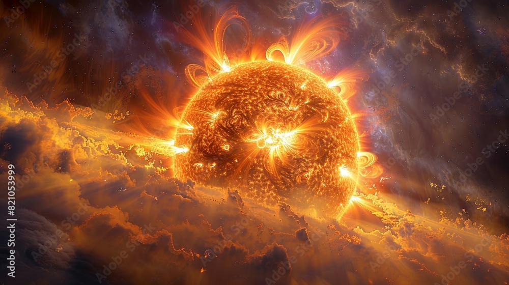 Astronomy Background, Sun in space with intense solar activity ...