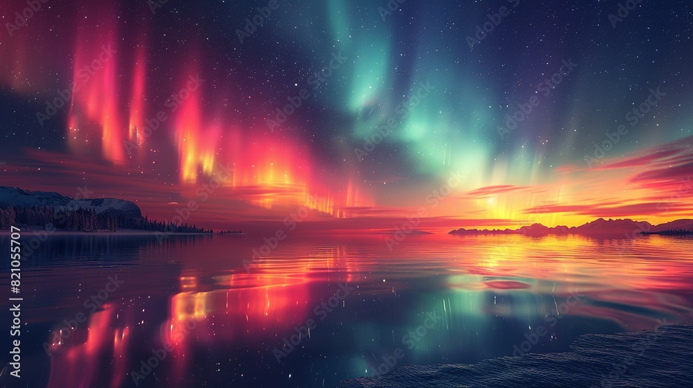 Astronomy Background, Northern lights reflecting in a calm lake with ...