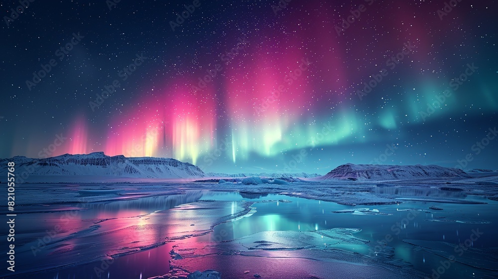 Astronomy Background, Northern lights visible over an icy landscape ...