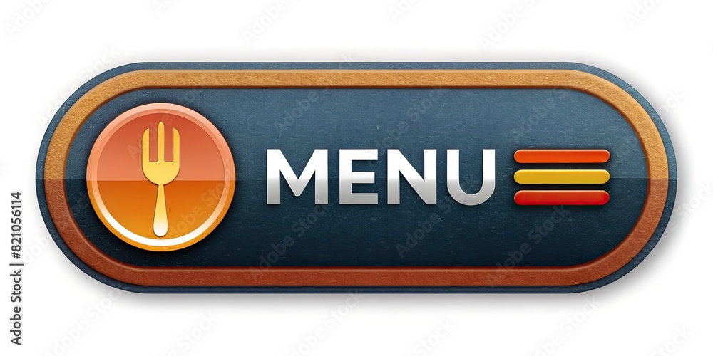 3d digital menu button with fork icon three horizontal lines colored in ...
