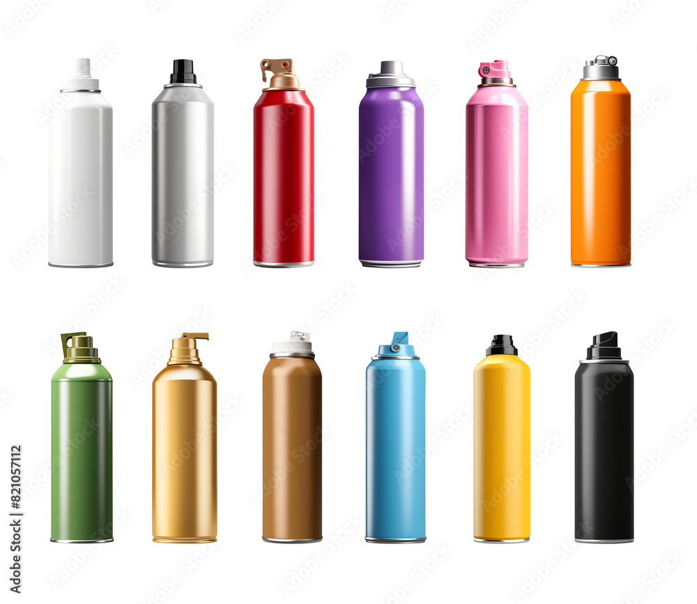 Mega pack - spray can aerosol in various colors. Isolated transparent ...