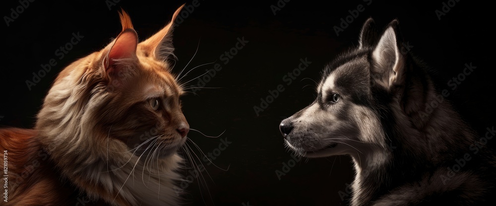 A Maine Coon Cat And A Siberian Husky Dog Sit Side By Side, Both ...