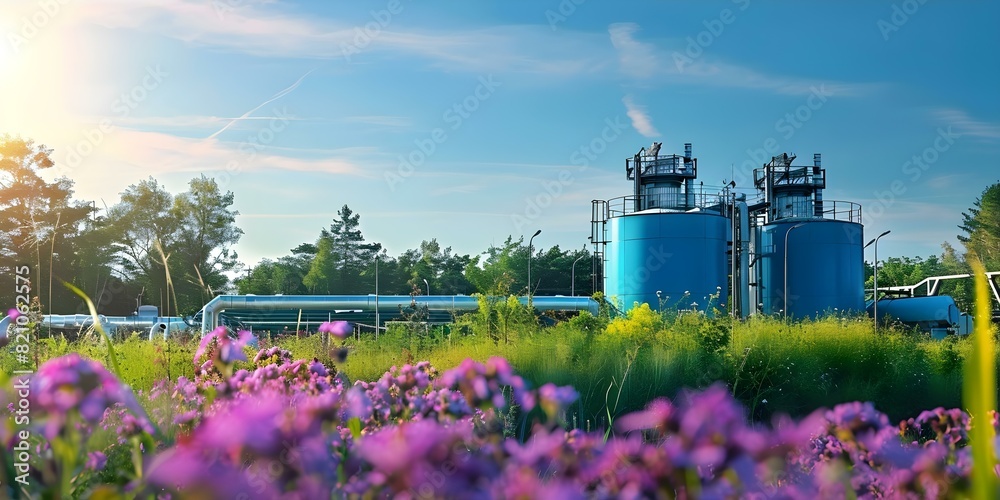 Factory pipes transport biogas from organic waste to create usable energy. Concept Renewable ...