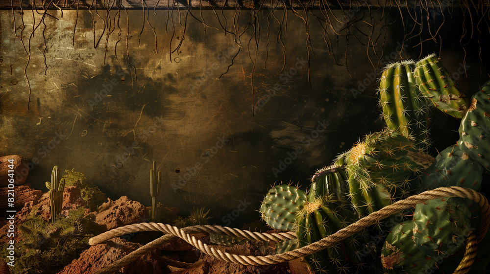 A dark distressed background or wallpaper with cactus and rope, rocks ...