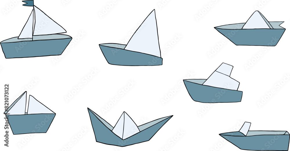 Various boats hand drawn vector illustration set. Paper ships and ...