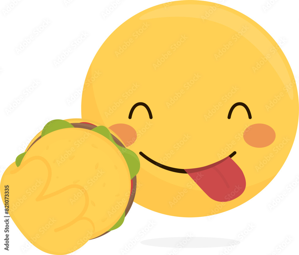 Burger emoticon. Yummy smile emoji with tongue out licking mouth and ...