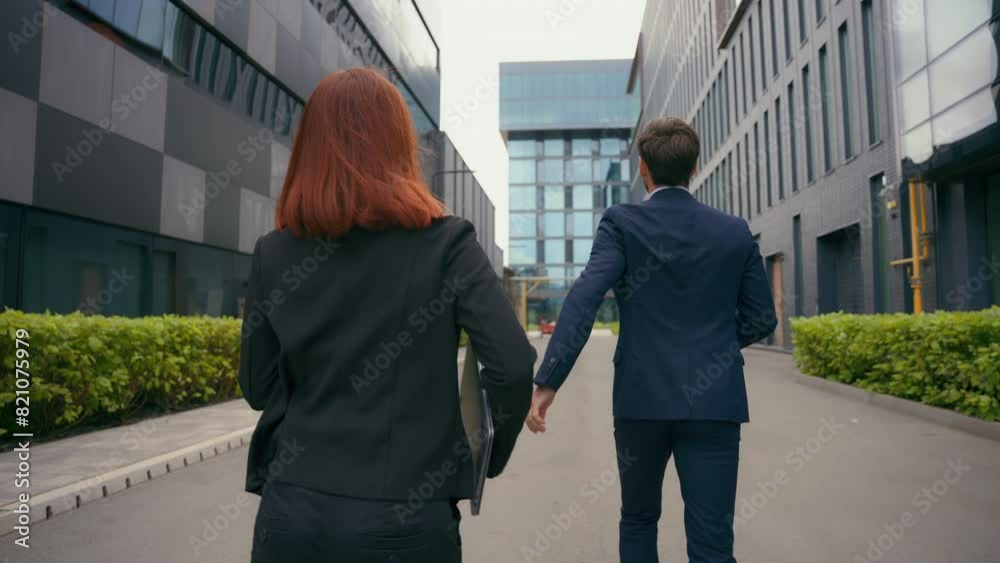 Back view worker two partners people business colleagues coworkers ...