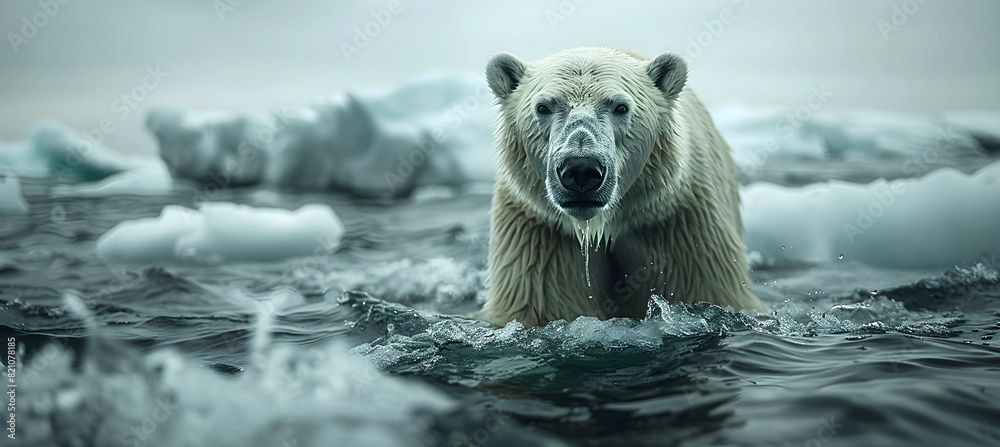Polar bear surrounded by ocean waves, melting icebergs and arctic ...