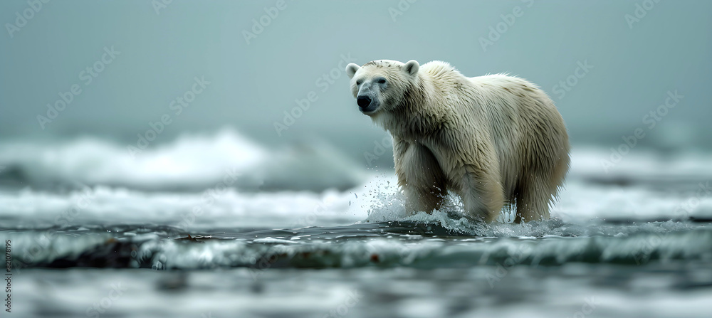 Polar bear surrounded by ocean waves, melting icebergs and arctic ...