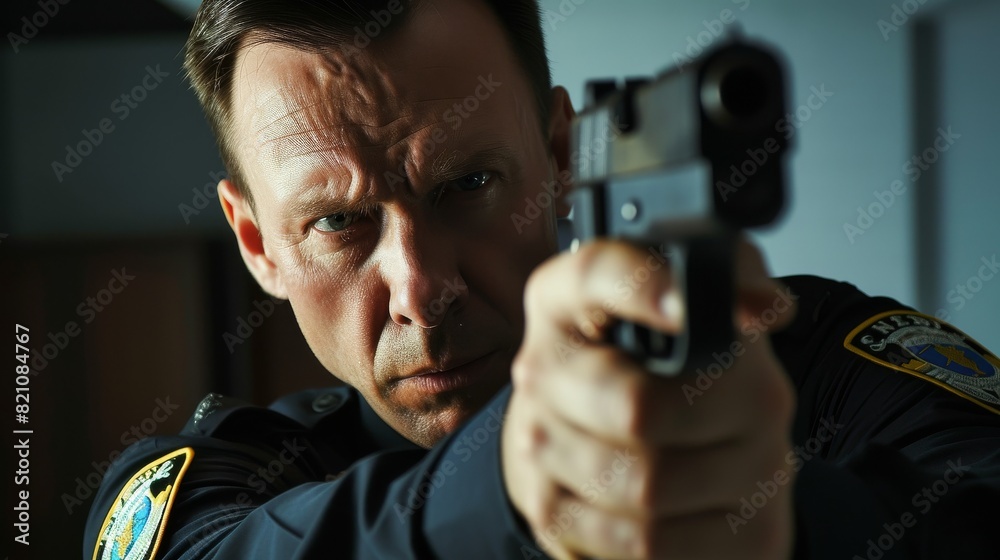 Uniformed police officer tightly gripping holstered firearm, ready for ...