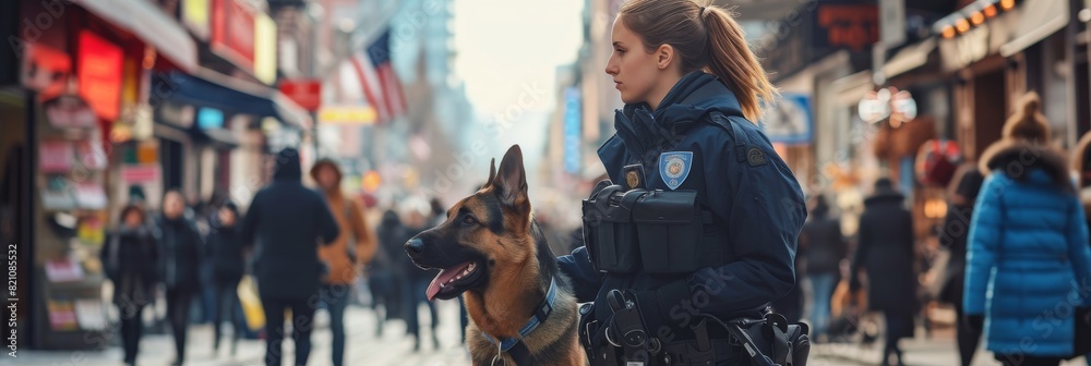 Female police officer and her K9 partner patrolling a crowded city ...
