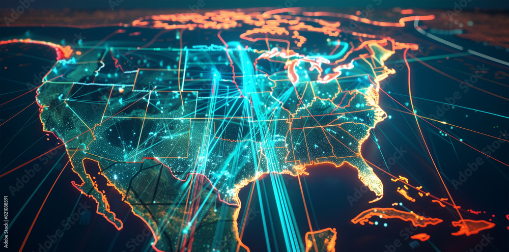 High-speed rail network visualization, with streaks of light tracing ...
