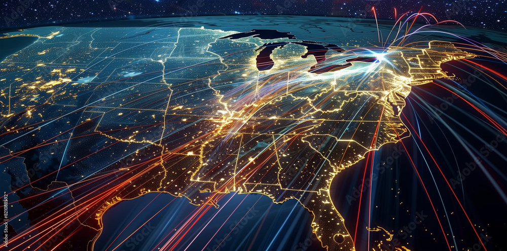 High-speed rail network visualization, with streaks of light tracing ...