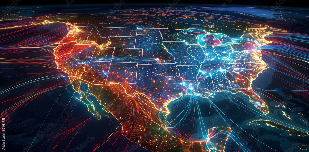 High-speed rail network visualization, with streaks of light tracing ...