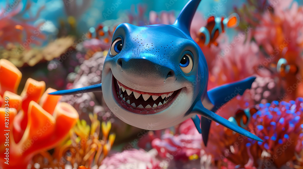 The image shows a smiling blue shark with big teeth, swimming in a ...