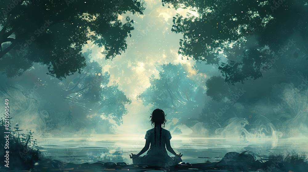 Through enigmatic rituals of yoga and contemplation, a woman seated in ...