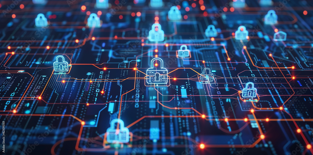 Cybersecurity network interface showing a digital fortress with advanced encryption and firewall ...