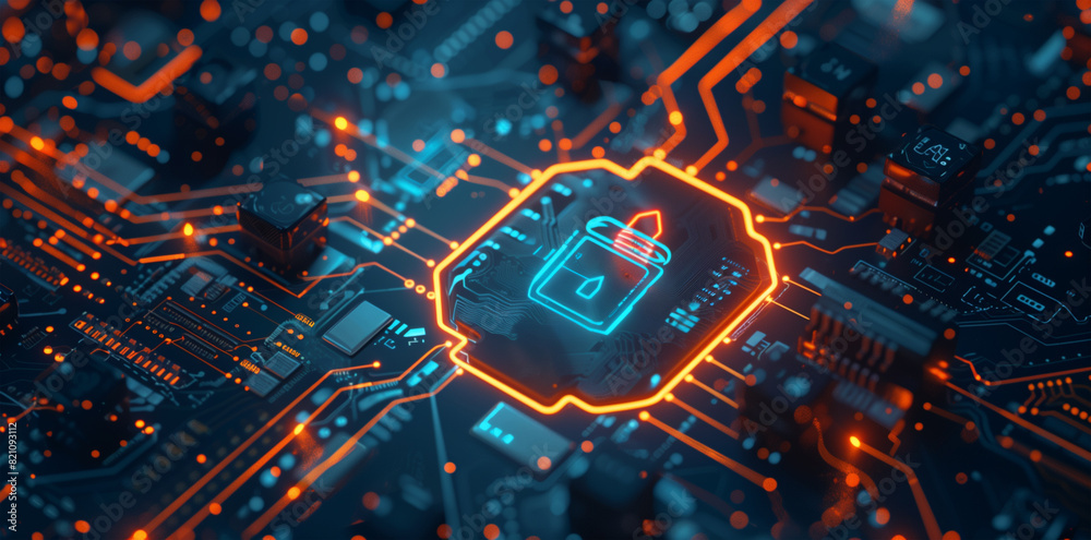 Cybersecurity network interface showing a digital fortress with ...
