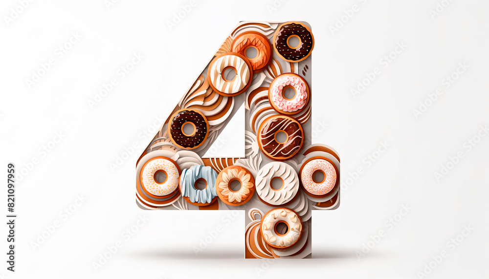 Number 4 made of colorful donuts on a white background. Concept: fun ...