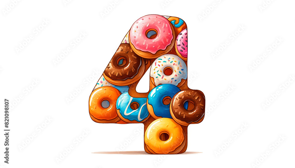 Number 4 made of colorful donuts on a white background. Concept: fun ...