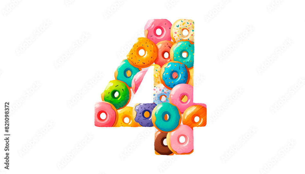 Number 4 made of colorful donuts on a white background. Concept: fun ...