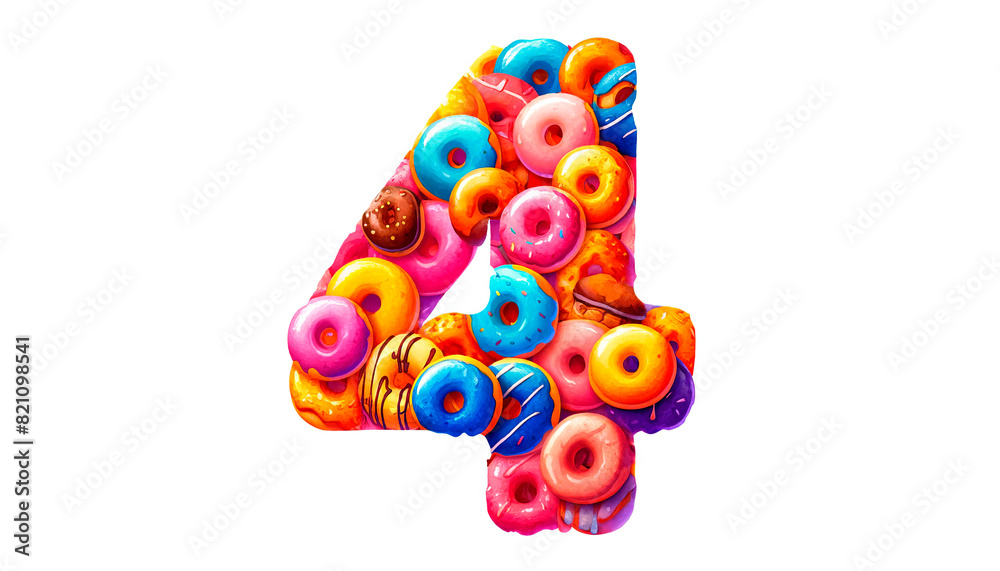 Number 4 made of colorful donuts on a white background. Concept: fun ...