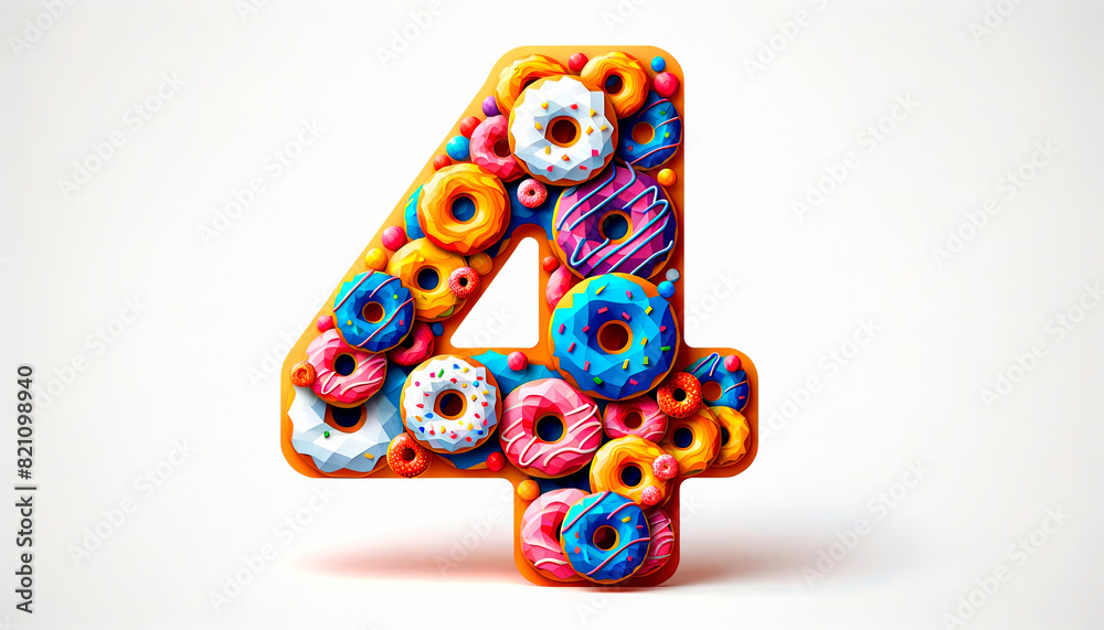 Number 4 decorated with colorful donuts on a white background. Concept ...