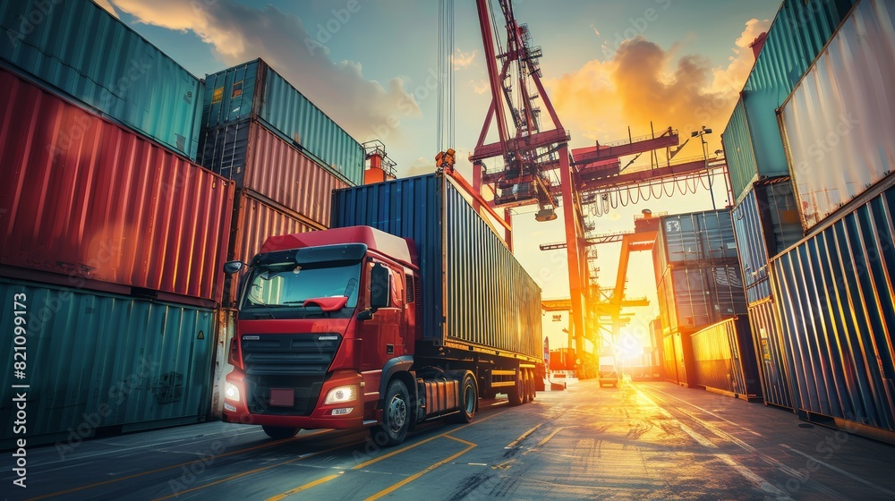 Container truck in ship port for business Logistics and transportation ...