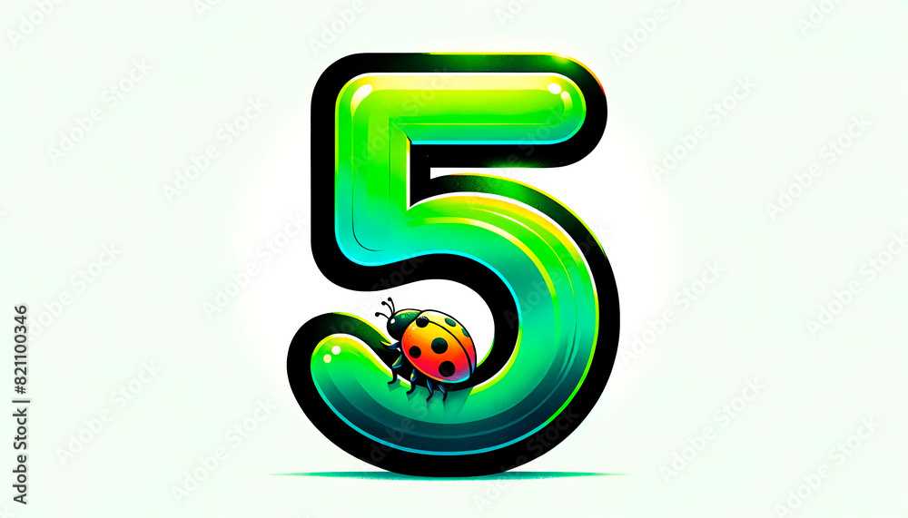 Number 5 with a ladybug on a green gradient background. Concept: nature ...