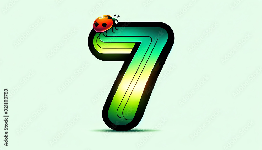 Number 7 with a ladybug on a green gradient background. Concept: nature ...