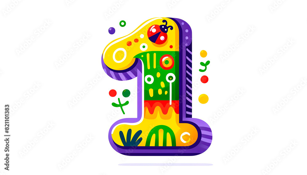 Colorful number 1 with a ladybug and playful patterns. Concept: fun ...