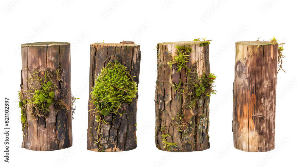 Set of cylindrical wooden trunks with moss, used in garden landscapes ...