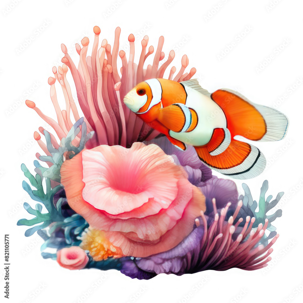 Watercolor Sea Anemone And Clownfish, clipart Illustration, Generative ...