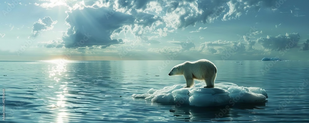 Polar bear standing on a melting ice floe in the Arctic Ocean. The ...