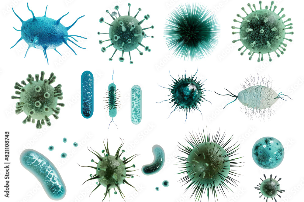 set of microbe and virus icons with a focus on common bacteria like E ...