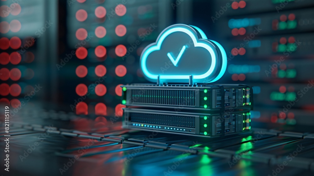 Cloud storage technology concept featuring a data server rack with a ...