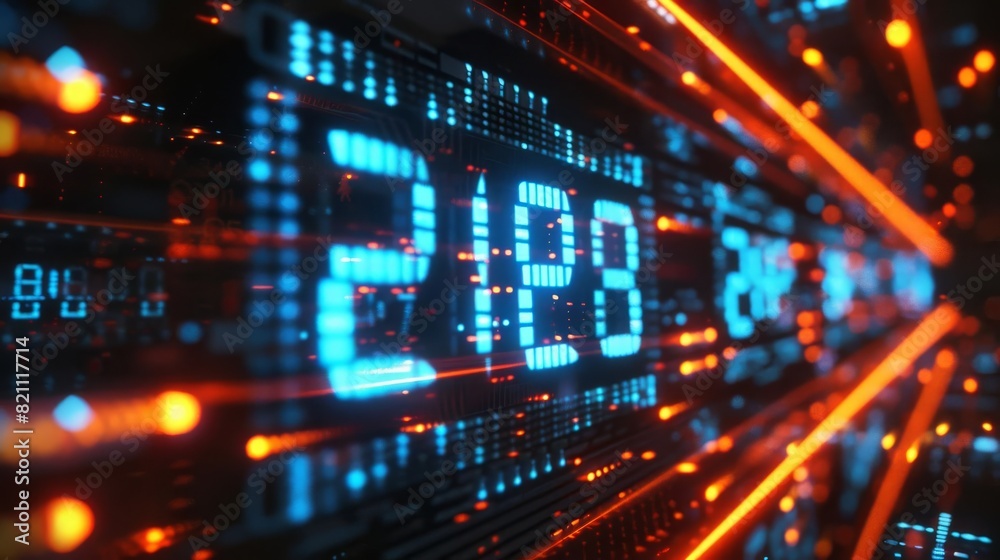 A digital clock with glitching numbers in a void, futuristic, neon ...