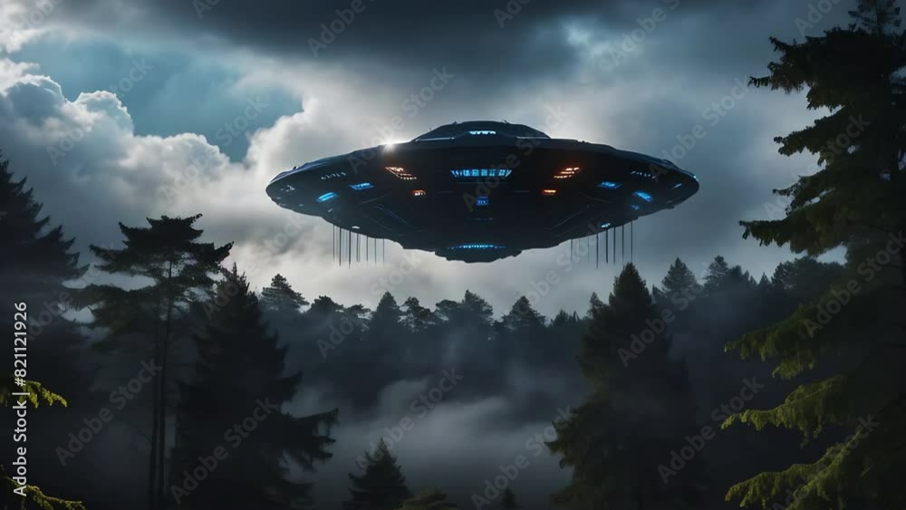 Alien Spacecraft Hovering over a Foggy Forest 4K features an A.I ...