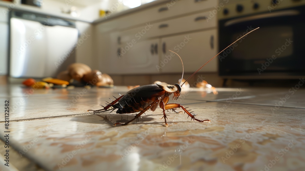 Cockroach Scurrying Across Kitchen Floor with Glistening Brown Body and ...