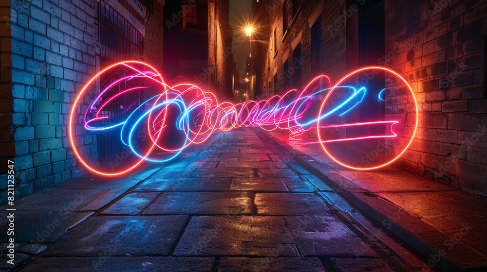 Nighttime Neon Speedway: Red and blue lights illuminate a vibrant red ...