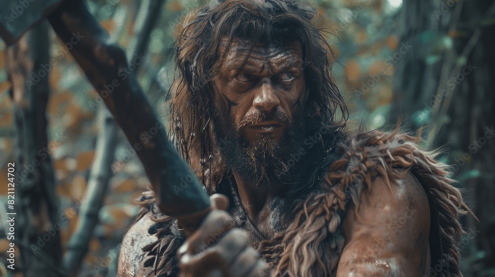 The Neanderthal going hunting in the jungle. Picture of a caveman ...