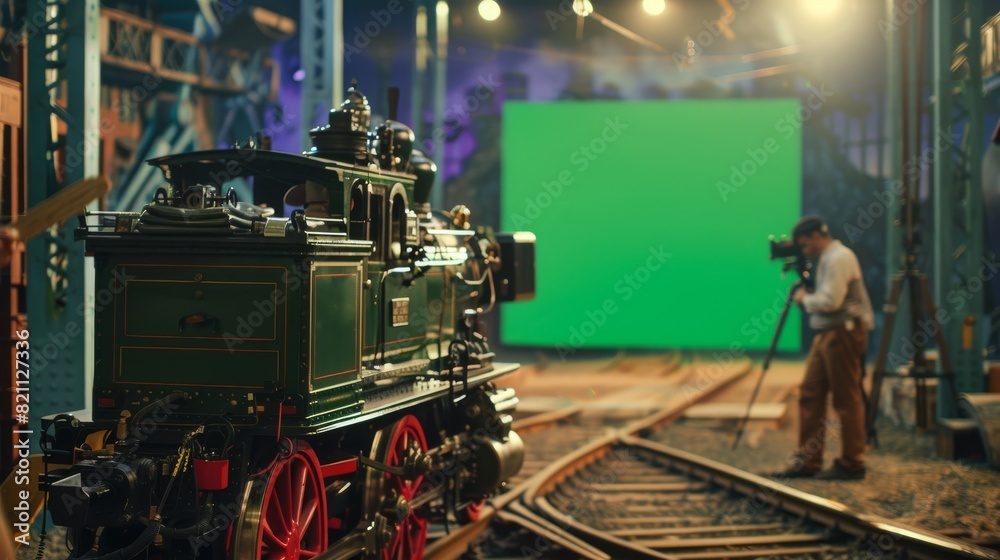 Taking a photograph on a railway trolley while shooting a green screen ...