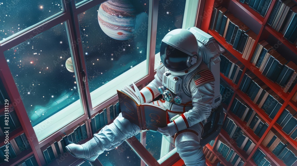 An astronaut reading a book in an interstellar library with planets ...