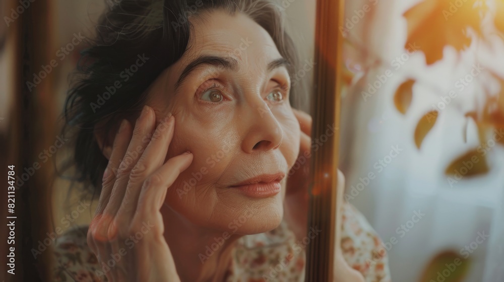 Beautiful Caucasian Woman Looking Into Mirror Touching Her Soft Skin