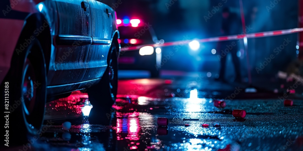 A gritty night crime scene with police presence, road barricades, and ...