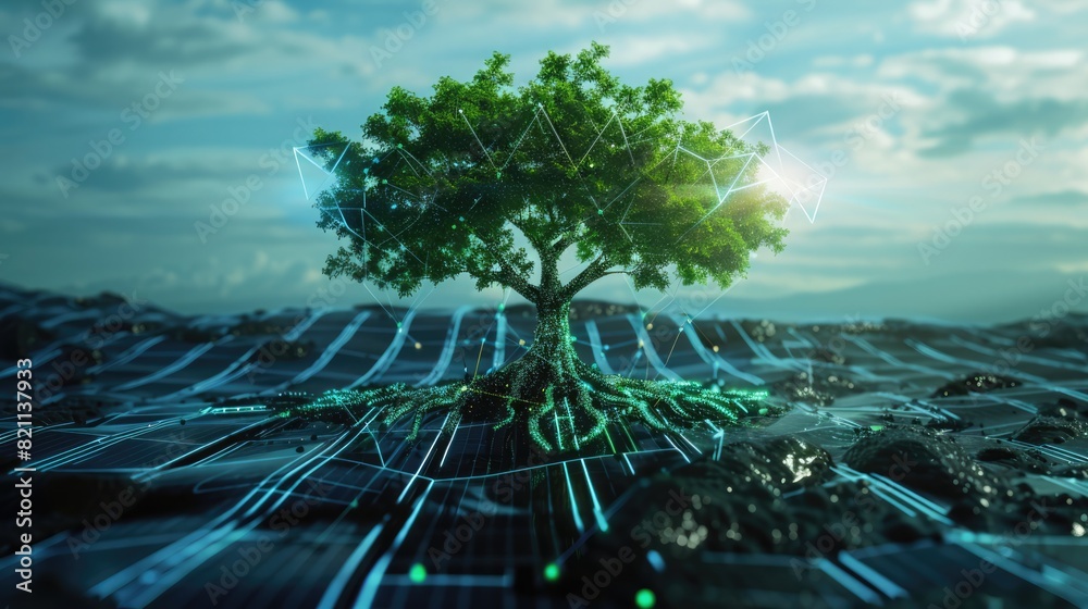Digital tree with solar panel leaves and CO2 storage roots, visualizing ...