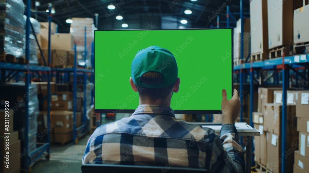In the background, a young man uses a desktop computer with a green ...