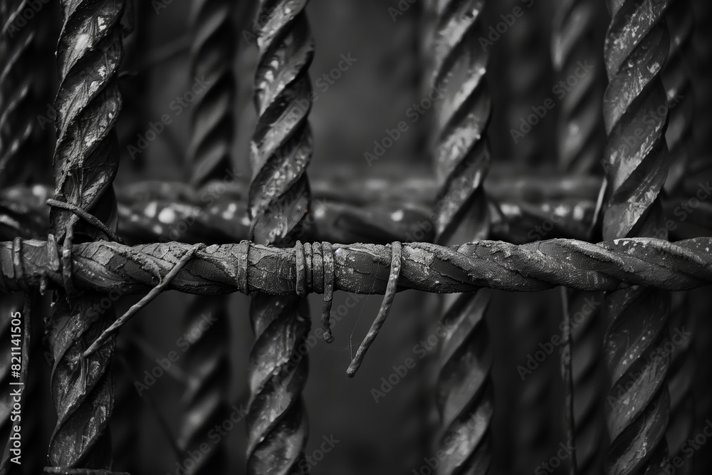 Monochrome image displaying the detailed texture of twisted steel bars ...