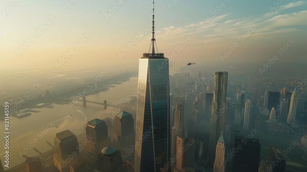 Helicopter flying above One World Trade Center with a view of the ...