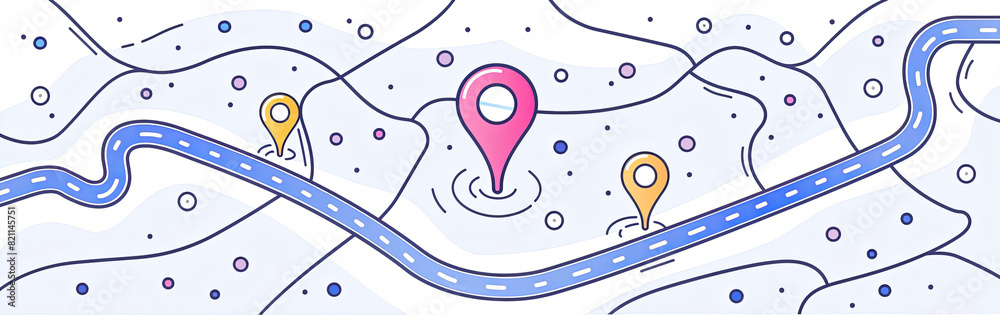 Continuous One Line of Seamless Travel Route Map with GPS Marker Pins ...